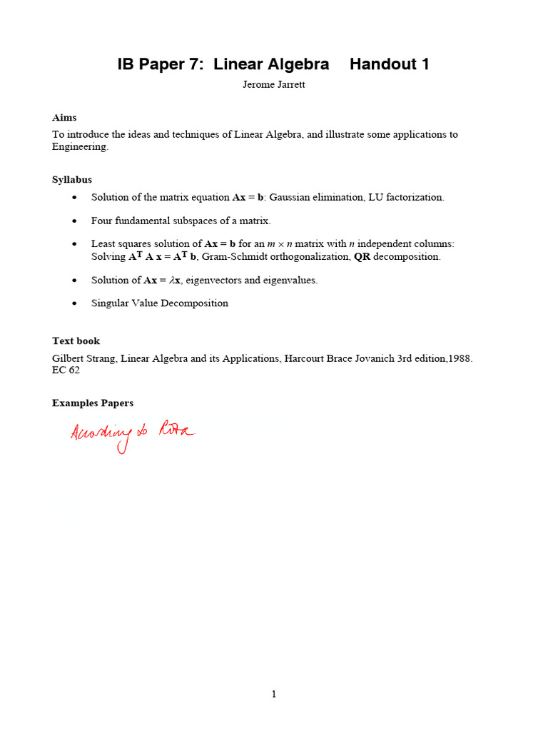 2P7 Linear Algebra | PDF | Linear Subspace | Matrix (Mathematics)