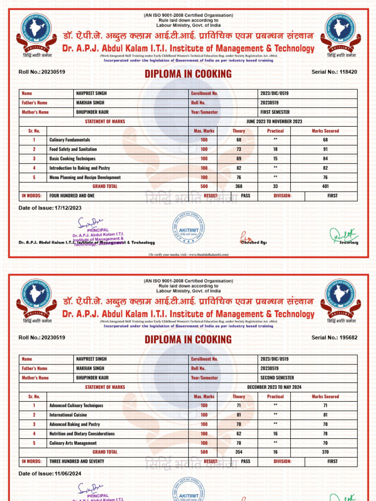 Navpreet Singh Diploma in Cooking 2024 | PDF | Culinary Arts | Cooking
