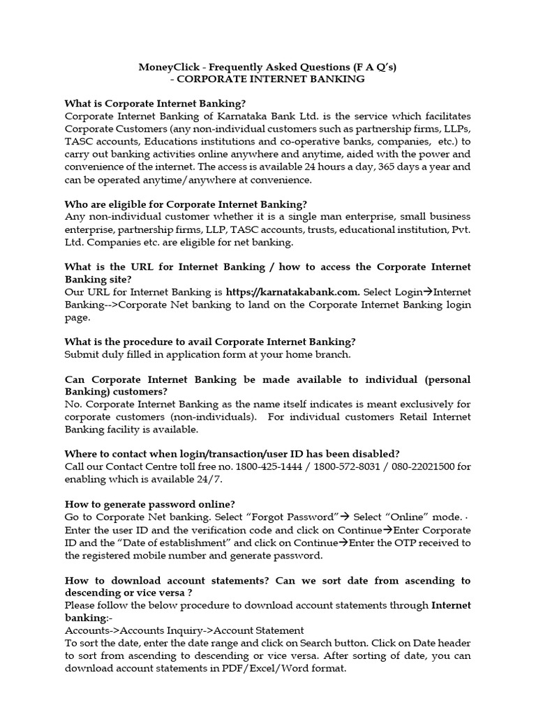 Karnataka Bank Corporate Internet Banking FAQs | PDF | Online Banking ...