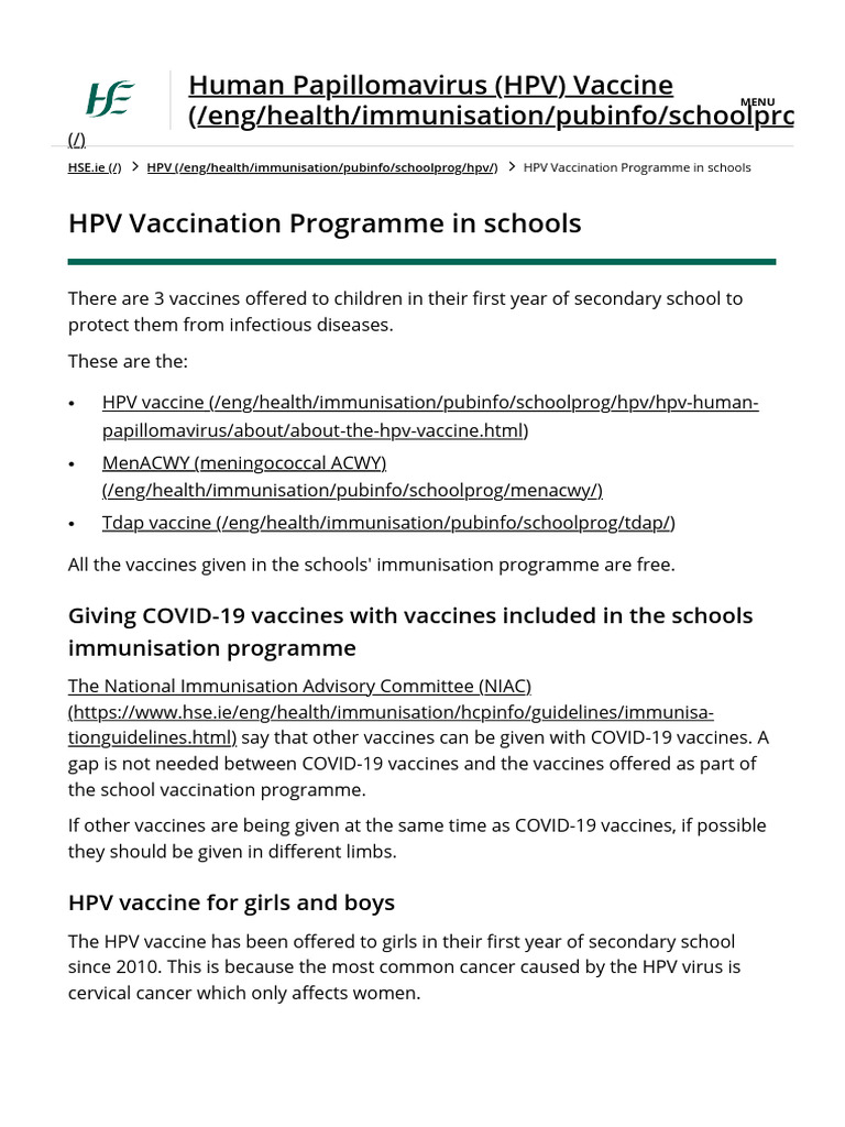HPV Vaccination Programme in Schools - HSE - Ie | PDF | Vaccines | Immunology
