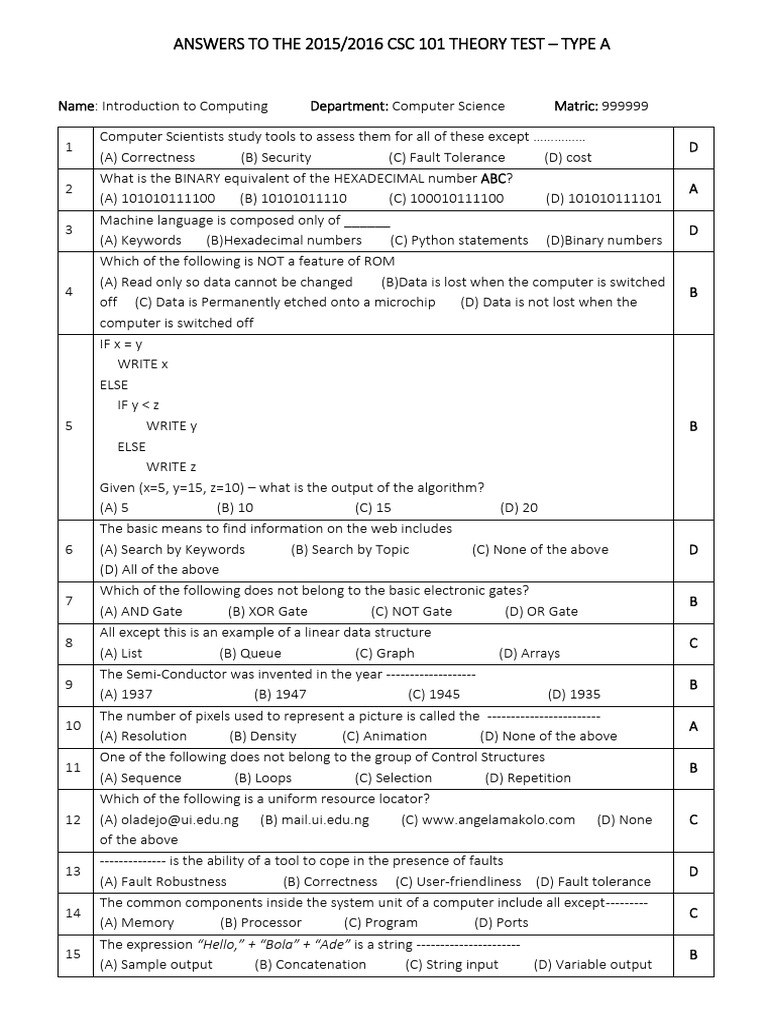 CSC 101 Theory Test Answers 2015-2016 | PDF | Office Equipment ...