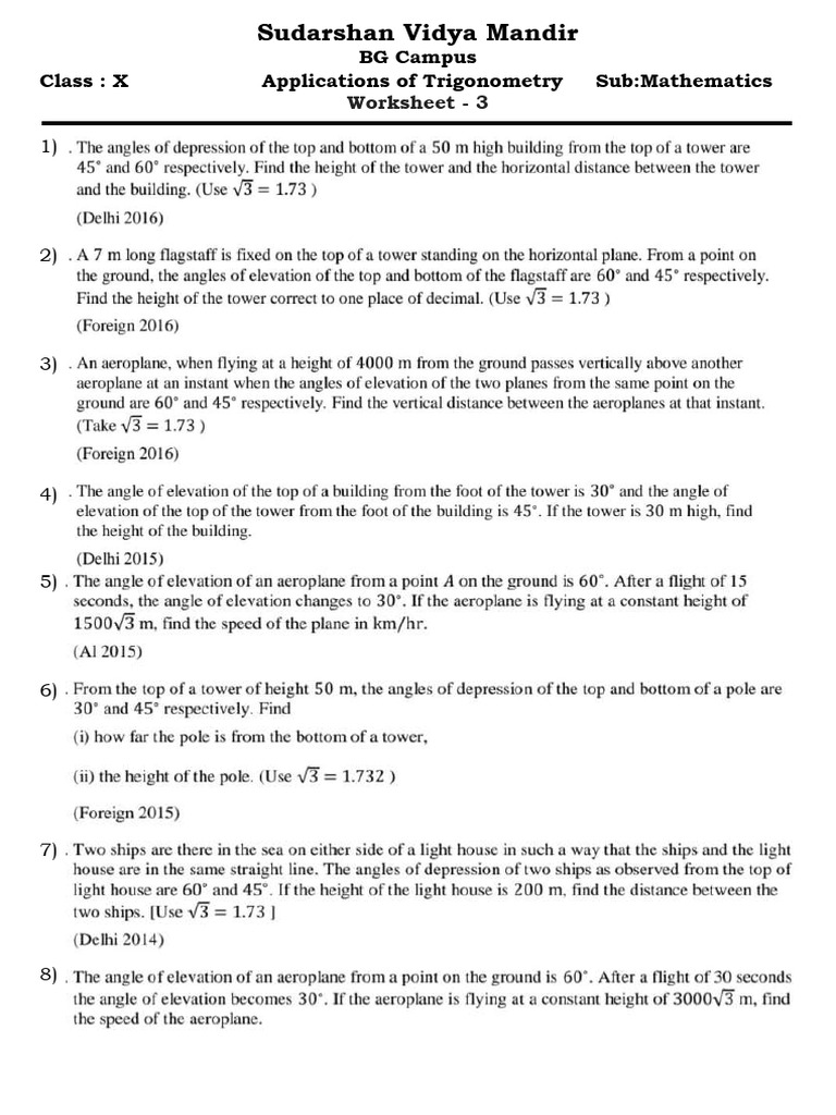 WS-3 Applications of Trigonometry | PDF