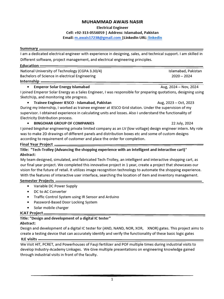 Awais CV Electrical Engineer | PDF | Electrical Engineering | Electricity