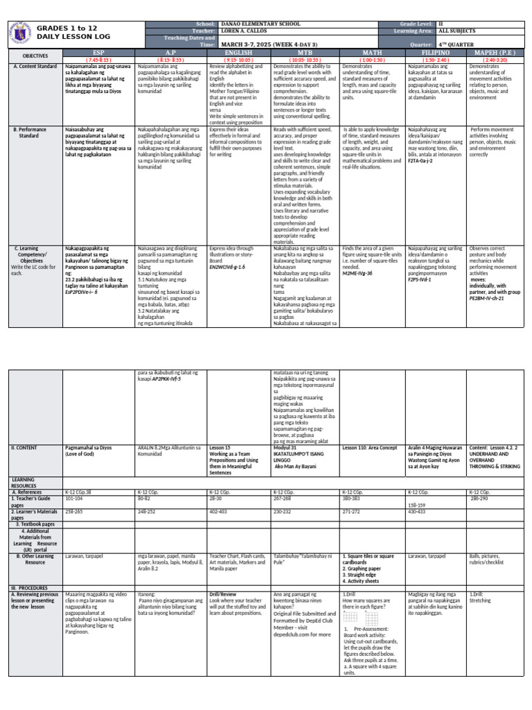 DLL All Subjects 2 q4 w4 d3 | PDF | English Language