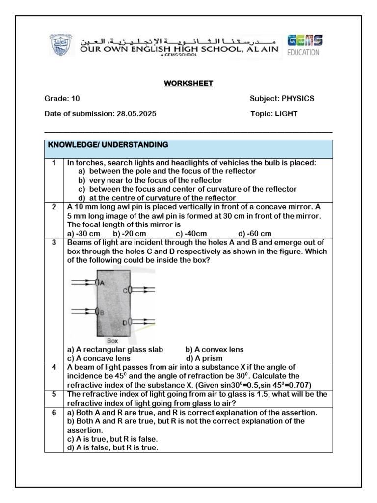 GRD 10 - Physics - Chap 1 - Light - WS | PDF | Light | Mirror