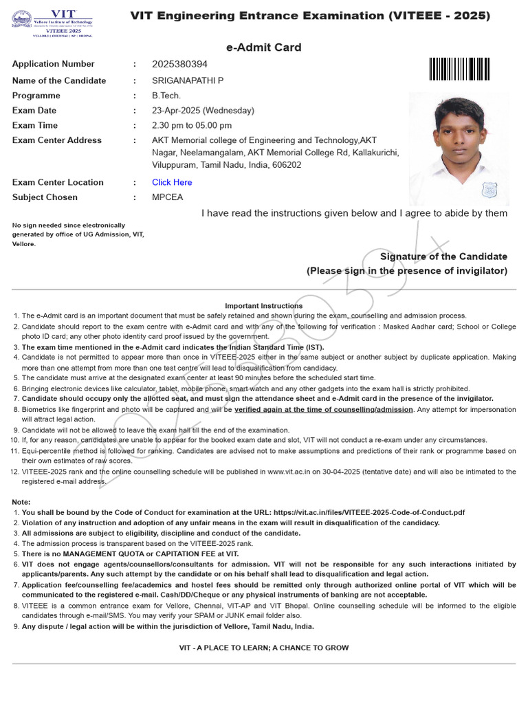VITEEE 2025 e-Admit Card Details | PDF