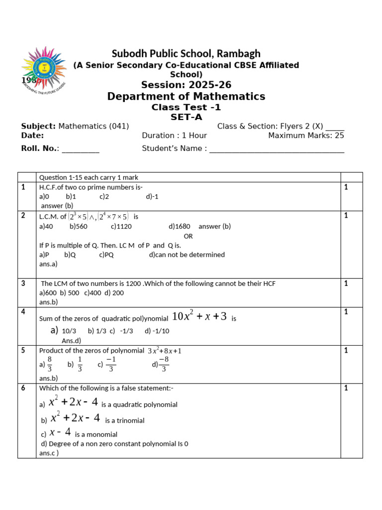 f2 Maths Ctest-1 A - Deepak 2025 Ak | PDF | Numbers | Polynomial