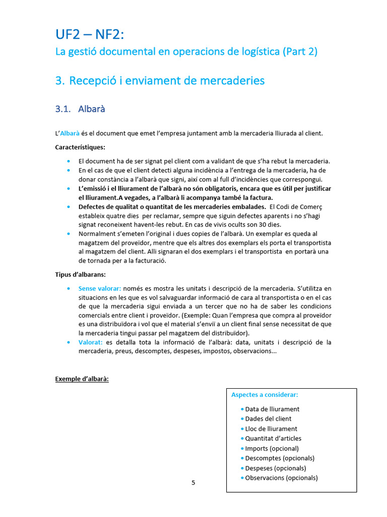 UF2 - NF2 - Gestió Documental en Operacions de Logística - Part 2 | PDF