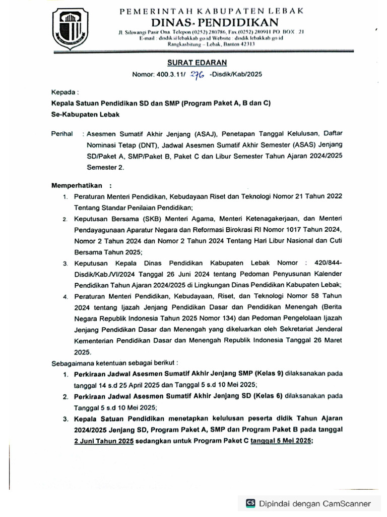 Surat Edaran Jadwal ASAJ, Penetapan Kelulusan Dan ASAJ Tahun Ajaran 2024 - 2025 | PDF