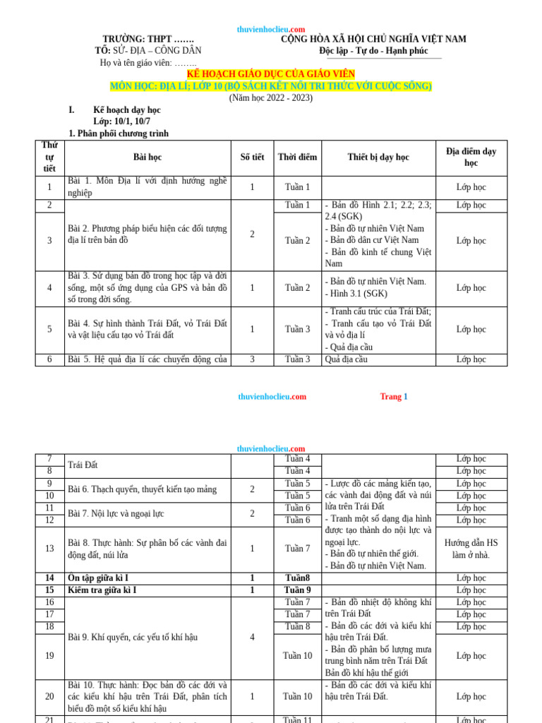 KHGD Dia 10 Ket Noi Tri Thuc 2022 2023 | PDF