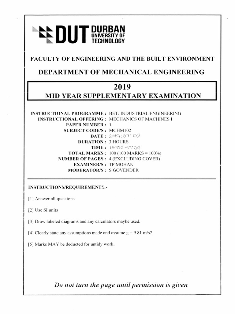 2019 Mid Year Supp QP Mechanics of Machines 1 Mchm102 | PDF