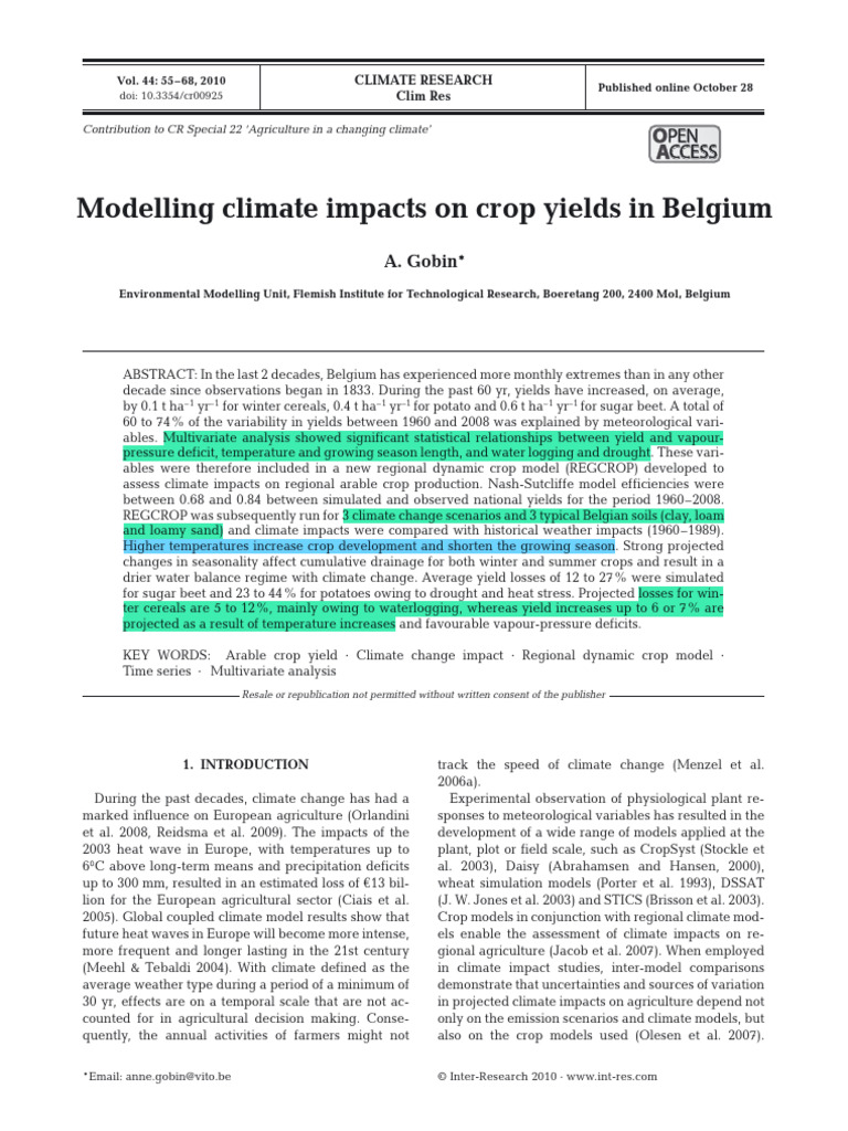 Modelling Climate Impacts On Crop Yields in Belgium | PDF | Climate ...