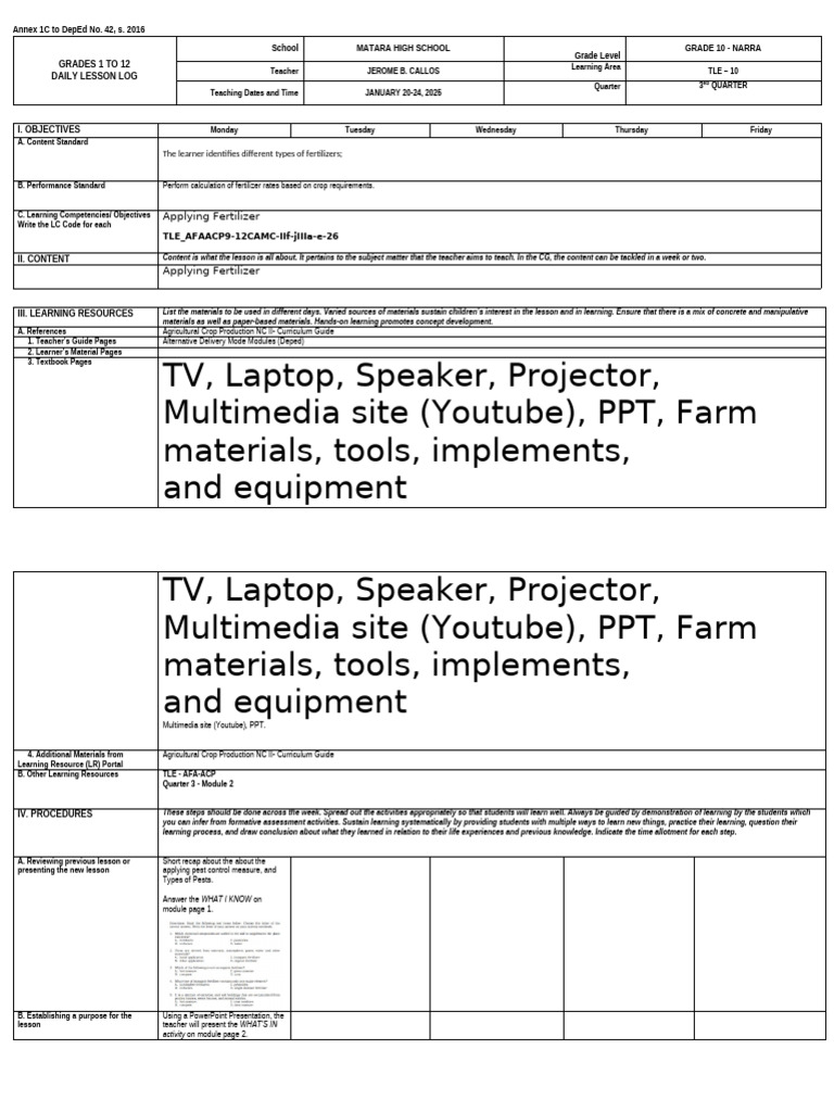 g10 DLL q3 w2 Applying Fertilizer | PDF | Learning | Teachers