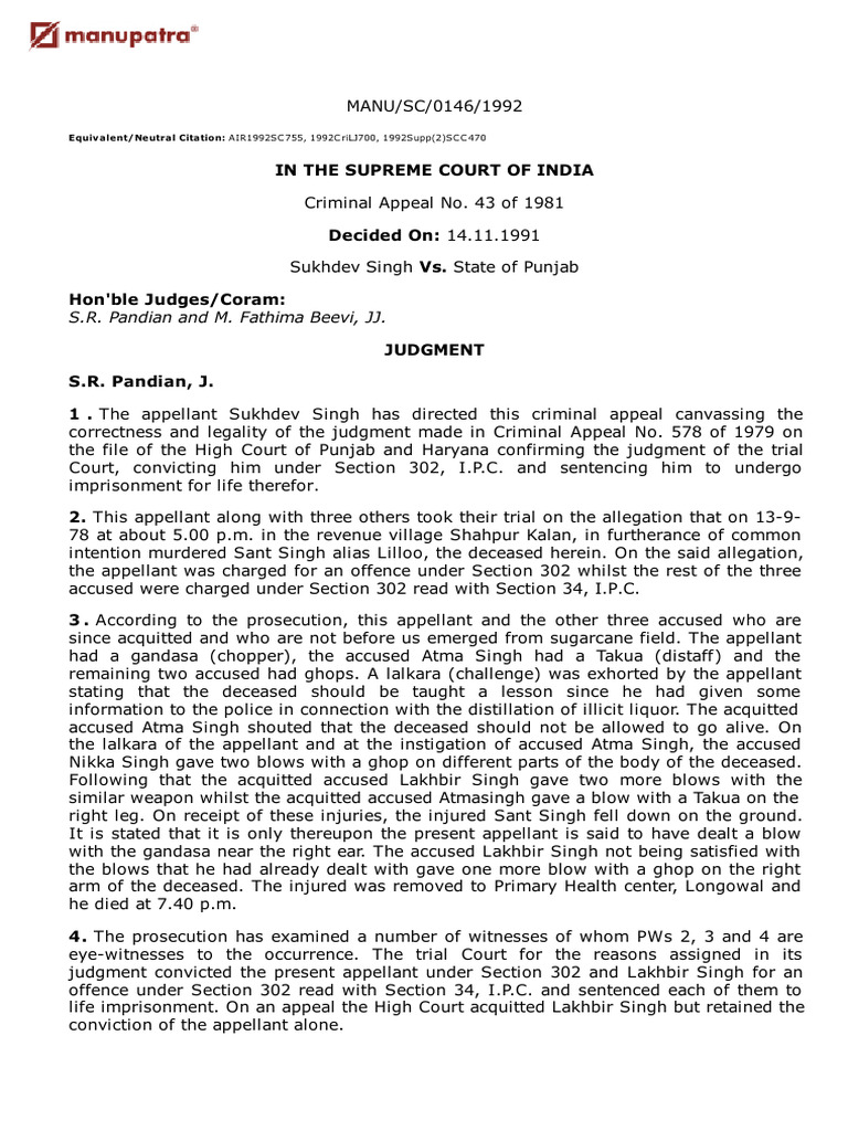 Sukhdev Singh Vs State of Punjab 14111991 SC0218s920300COM457511 | PDF ...