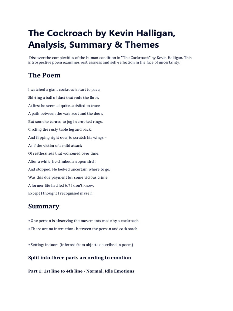 The Cockroach by Kevin Halligan | PDF | Empathy | Poetry