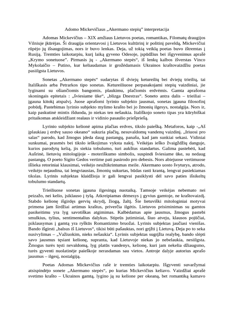 Adomo Mickevičiaus "Akermano Stepės" Interpretacija | PDF
