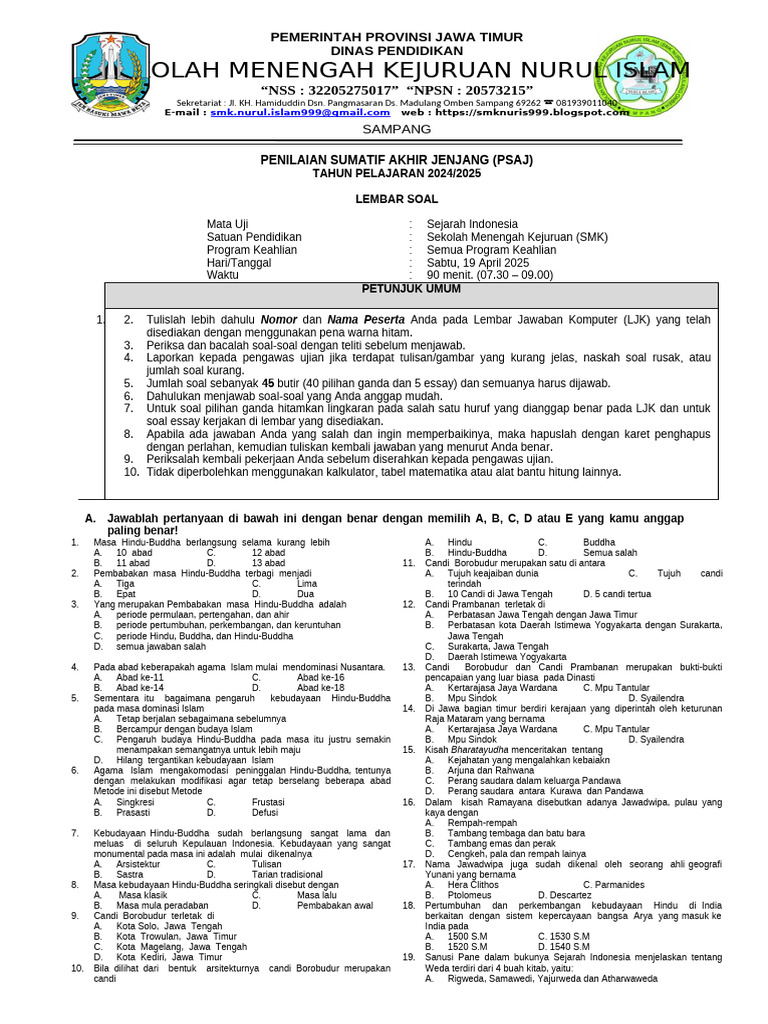Soal Sejarah Indonesia Psaj 2025 | PDF