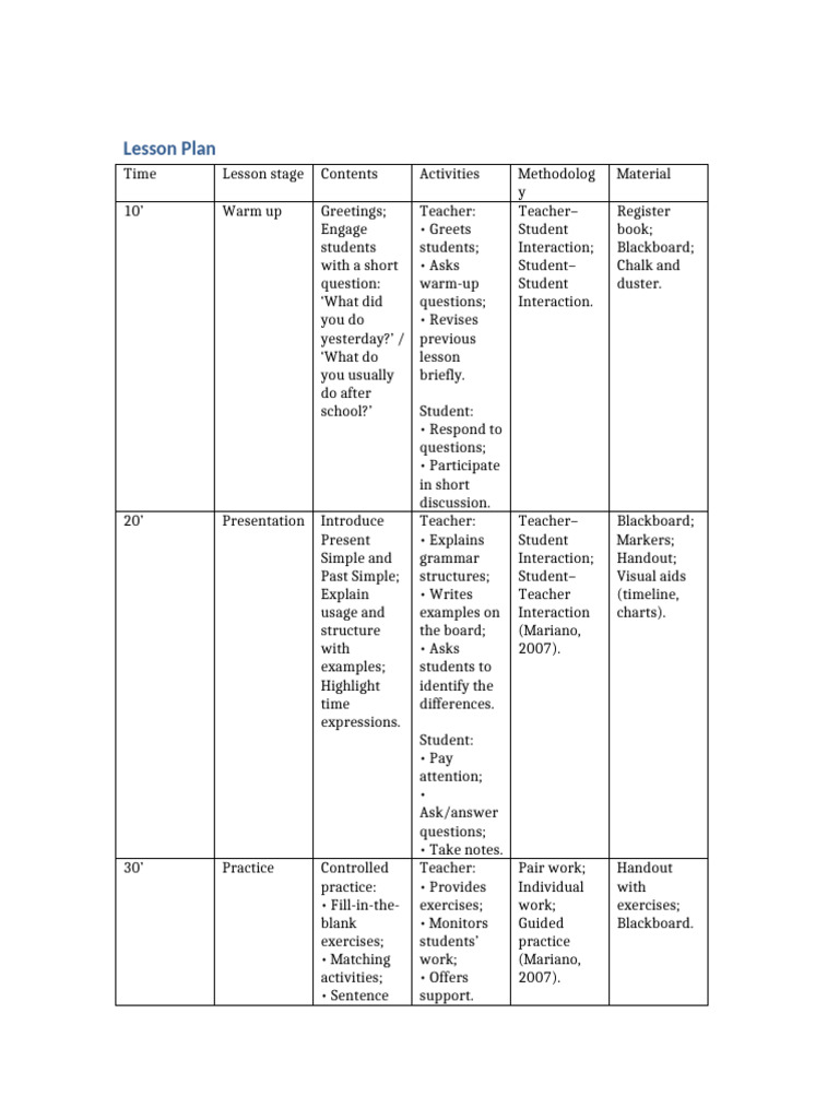 Present and Past Simple Lesson Plan | PDF | Human Communication | Learning