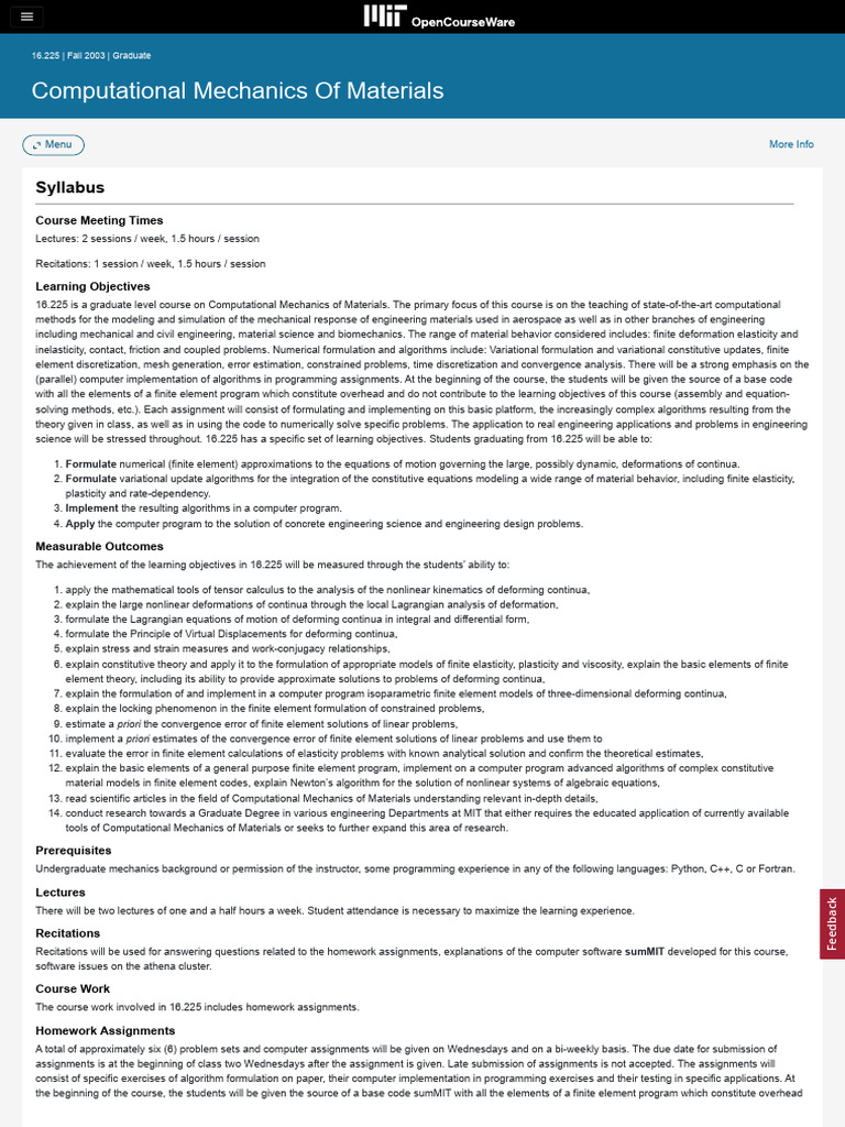 Syllabus - Computational Mechanics of Materials - Aeronautics and Astronautics - MIT ...