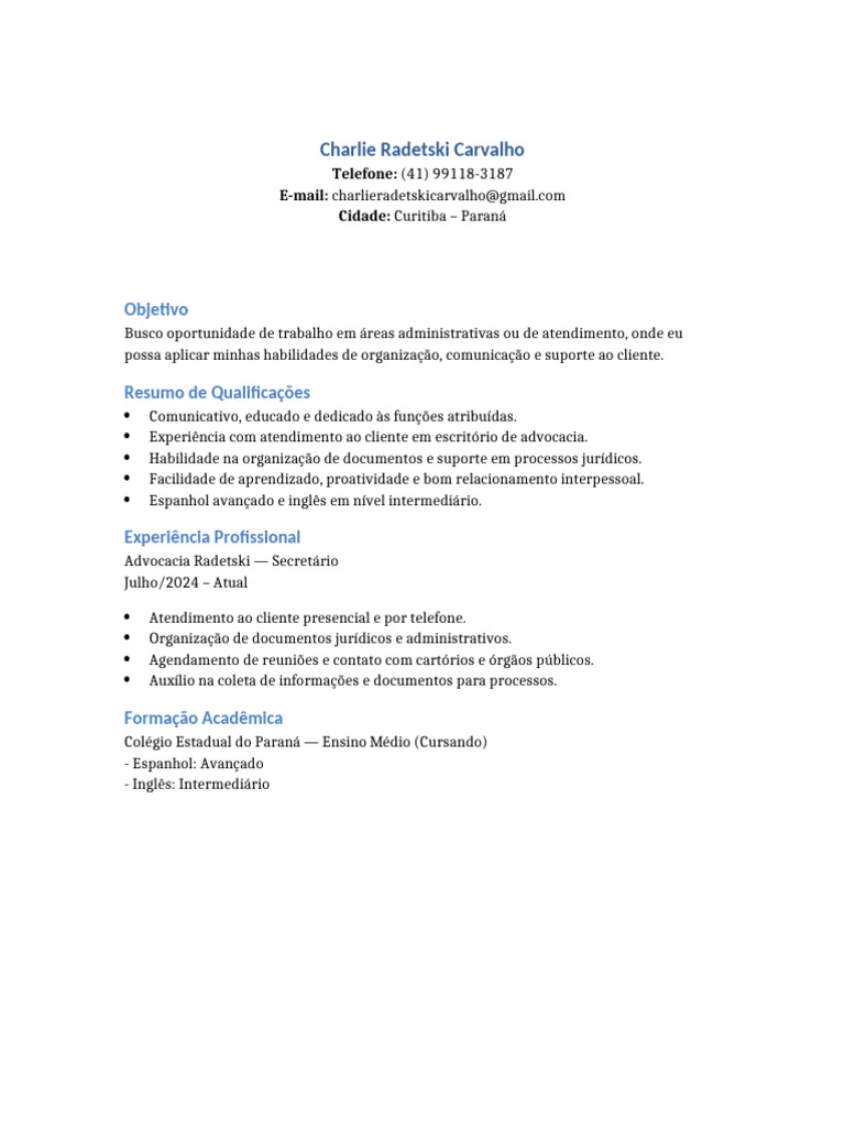 Curriculo Charlie Radetski Carvalho | PDF