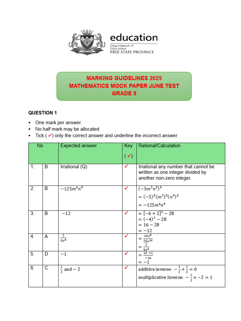 Marking Guideline 2025 Grade 9 Mathematics Mock June Paper | PDF | Ratio | Rational Number
