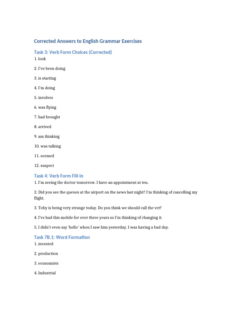 Corrected English Grammar Exercises Answers | PDF