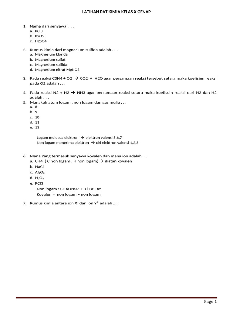 Latihan Pat Kimia X Genap 2025 | PDF