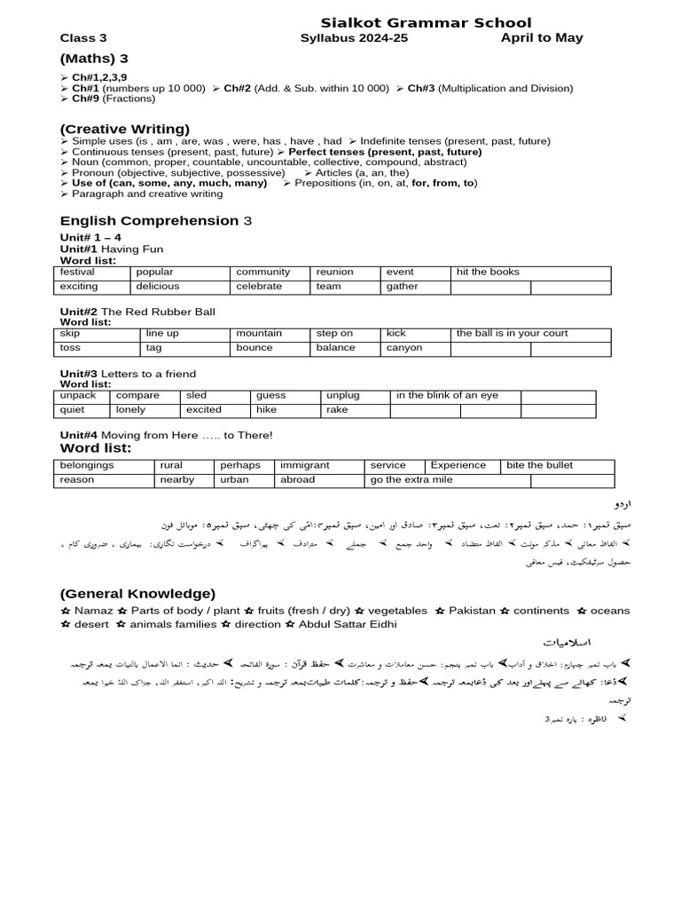 Syllabus 2025-26 Class 3 1st Term | PDF | Grammatical Tense ...