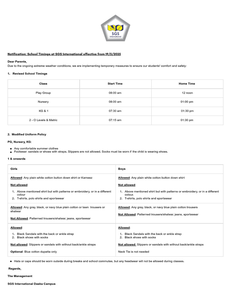 Summer Uniform & Timings - SGSI | PDF | Sock | Shoe