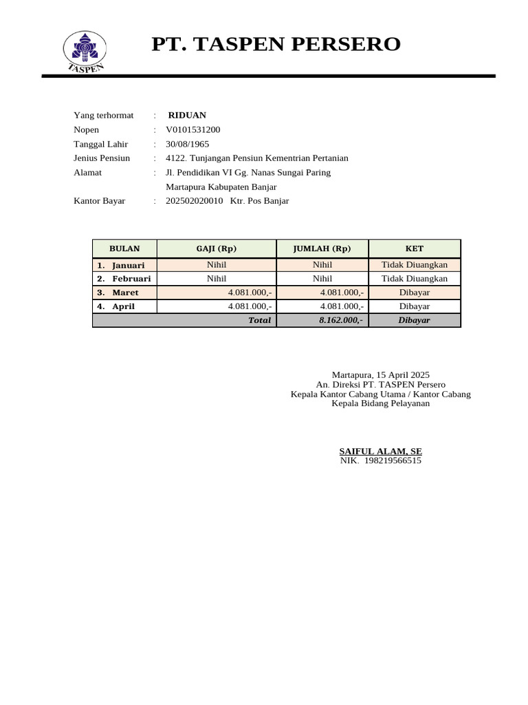 PT Taspen Tunjangan Janda | PDF