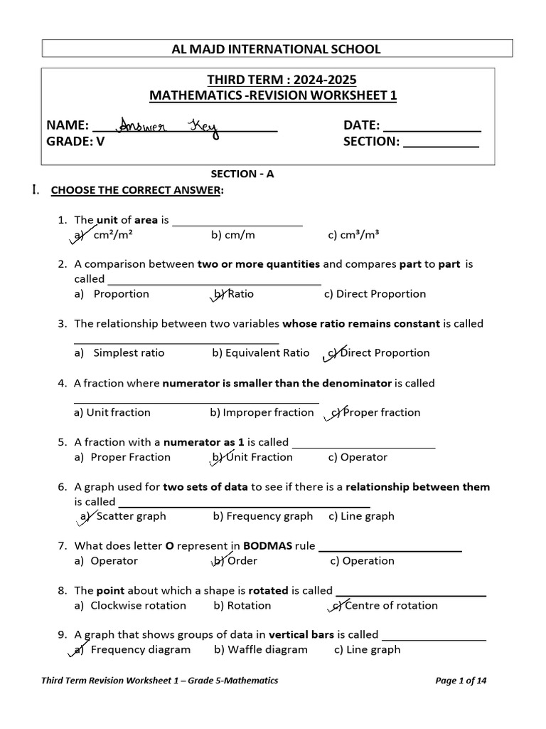 Grade 5 Revision Worksheet 1 - Answer Key | PDF | Area | Ratio