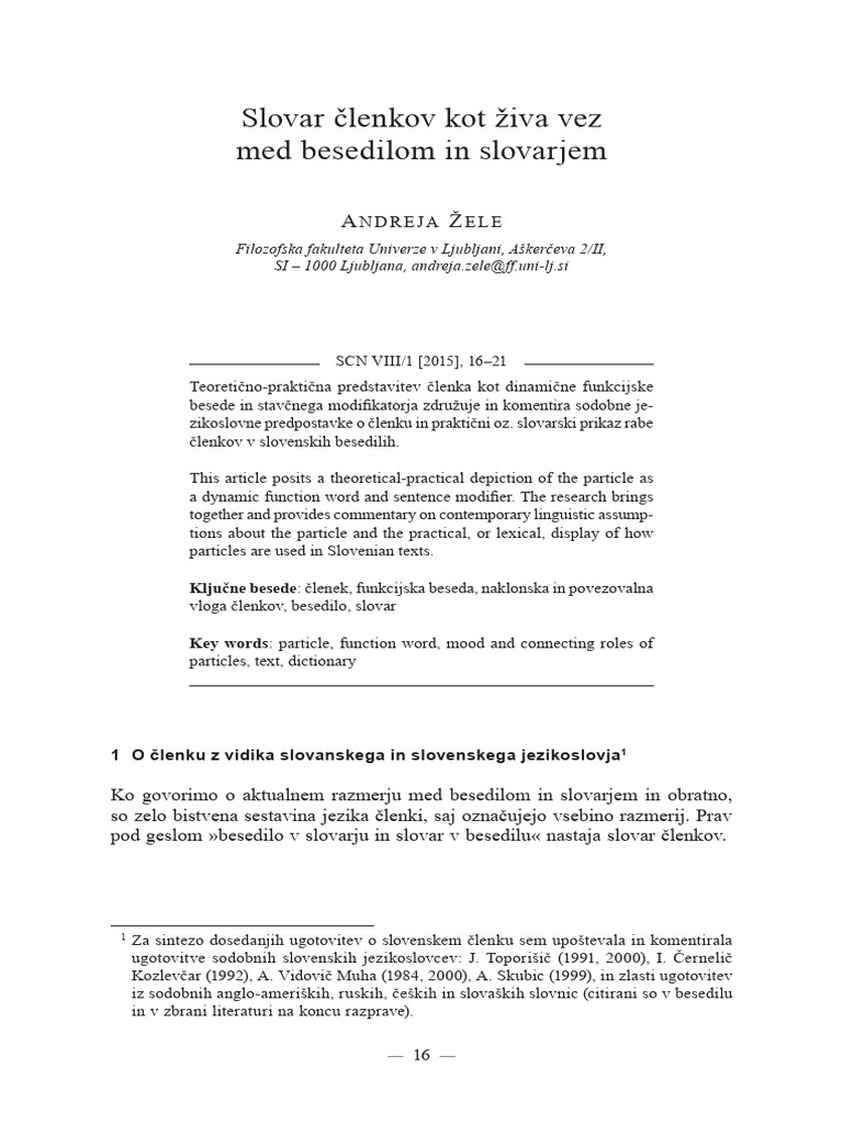 Slavia Centralis 2015 Zele Slovar Clenkov Kot Ziva Vez Med Besedilom in Slovarjem | PDF