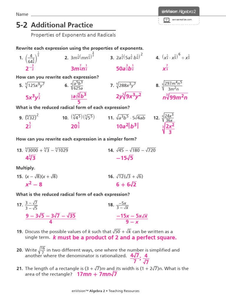 5-2 - Additional Practice - Answer Key | PDF | Mathematical Objects | Abstract Algebra