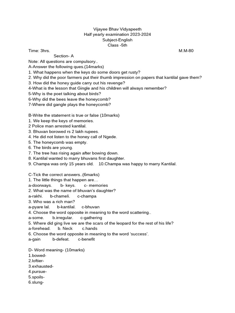 Class5 English Half Yearly Paper | PDF