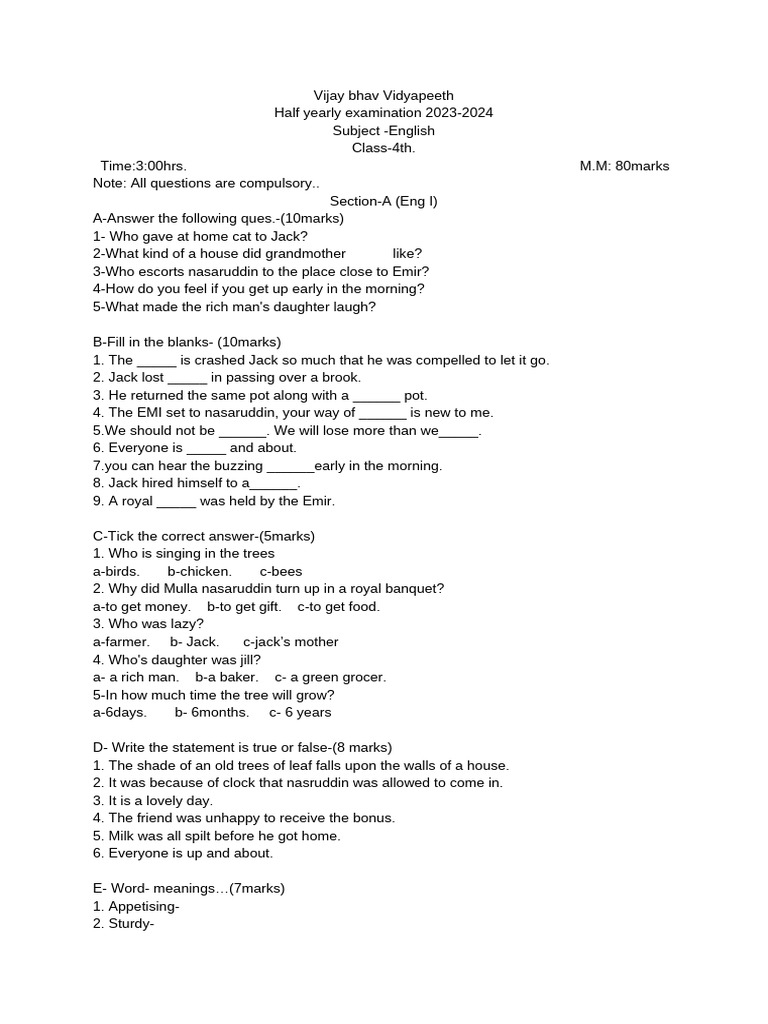 Class 4th English Half Yearly Papers | PDF | Grammar | Linguistic ...