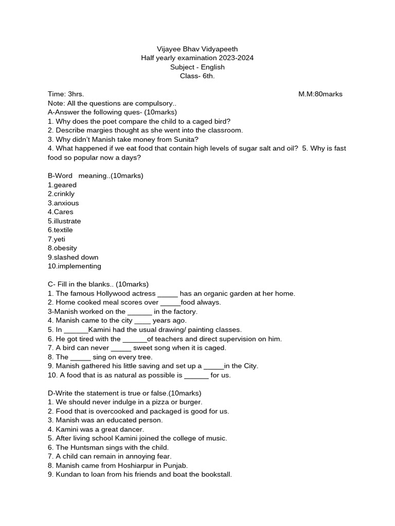 Class 6 English Half Yearly Exam 2023 | PDF | Noun | Grammatical Number