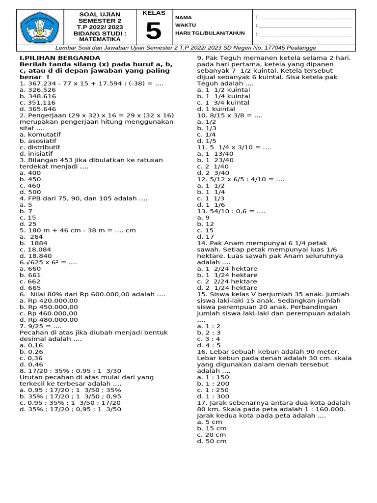 Matematika Soal Ujian Kelas 5 Semester 2 TP 2022 2023 | PDF