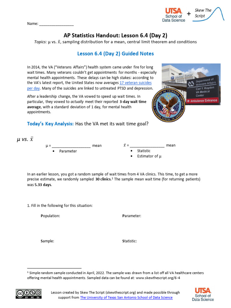 VA Wait Time Analysis in AP Statistics | PDF | Mean | Standard Deviation