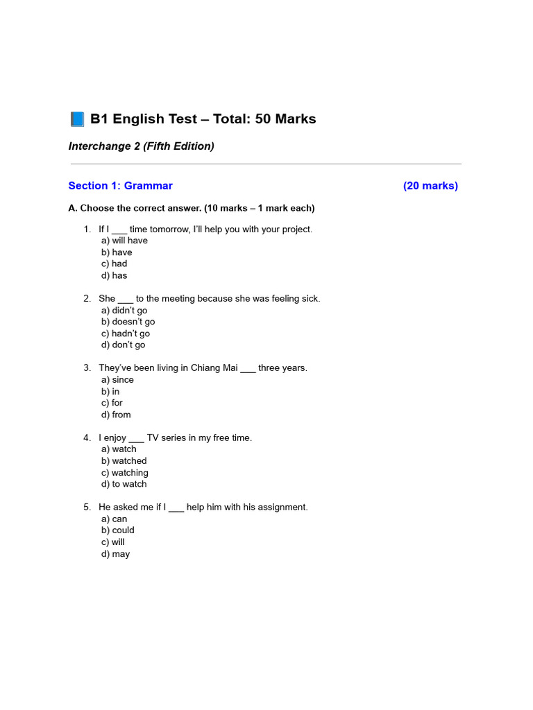 B1 English Test Overview and Marks | PDF | Human Communication | Learning