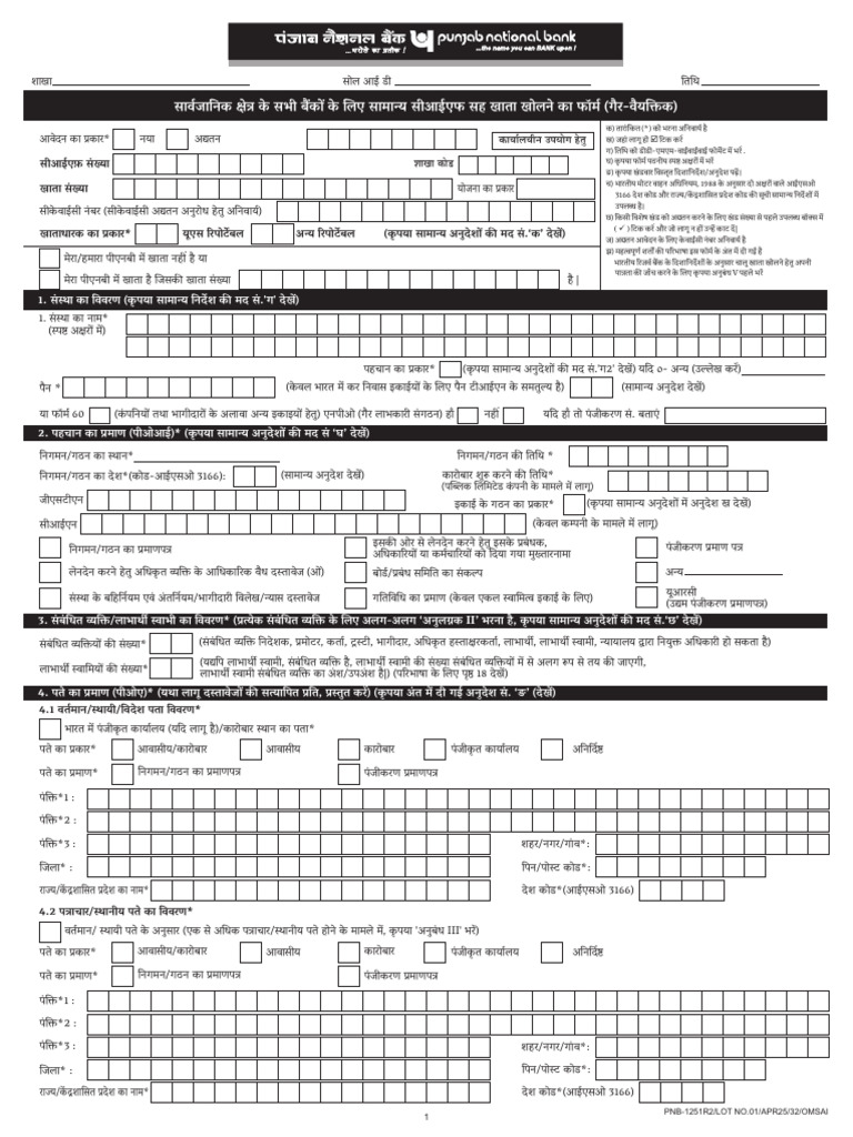 Account Opening Form for Non–Individuals - PNB 1251 (R2) (1) | PDF