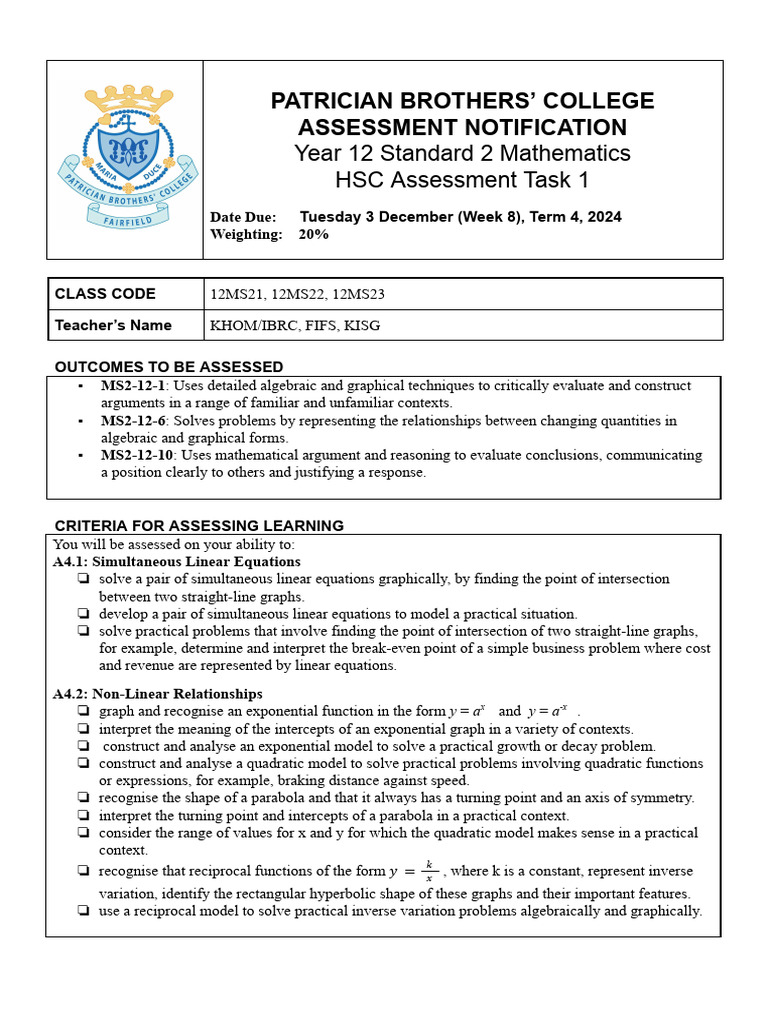 2024_25 12MS2 HSC AT#1 Notification | PDF | Equations | Quadratic Equation