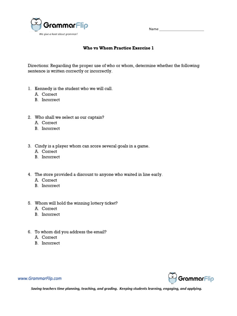 Who Vs Whom Worksheet | PDF