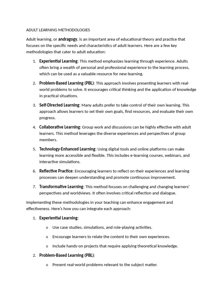 Adult Learning Methodologies | PDF | Learning | Educational Technology