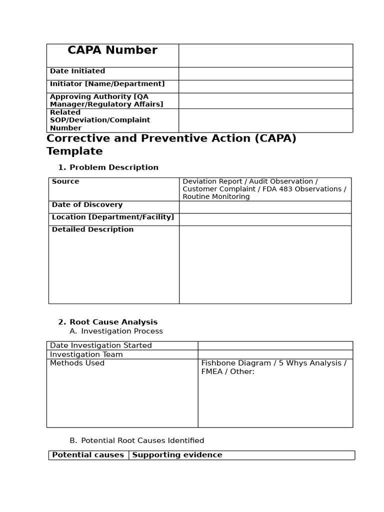 Corrective and Preventive Action (CAPA) Template | PDF