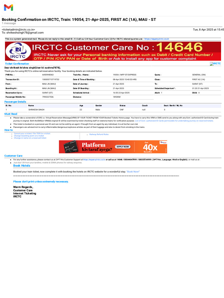 Shrikesh 1st Ac Ticket Mau To Surat | PDF | Service Industries