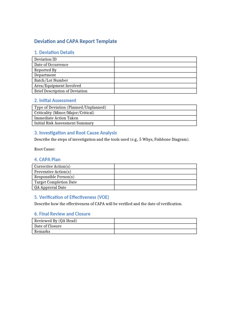Deviation and CAPA Report Template | PDF