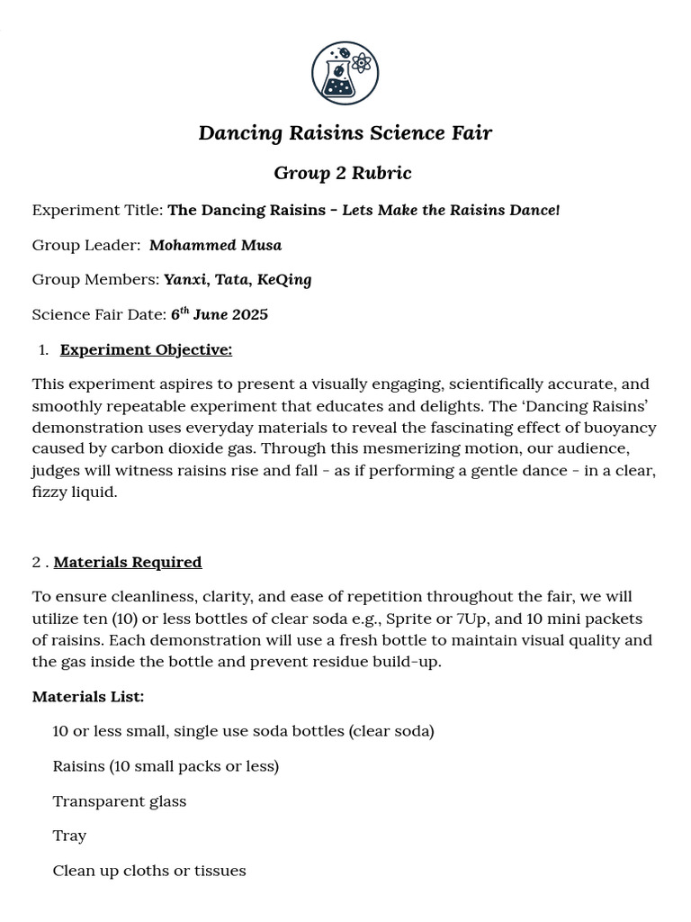 Group2 Science Fair Dancing Raisins Rubric 20242025 | PDF