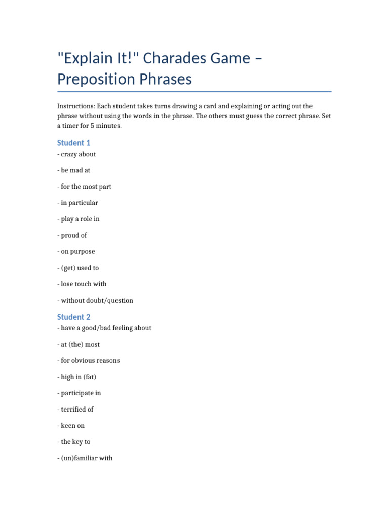 Charades Game Preposition Phrases | PDF