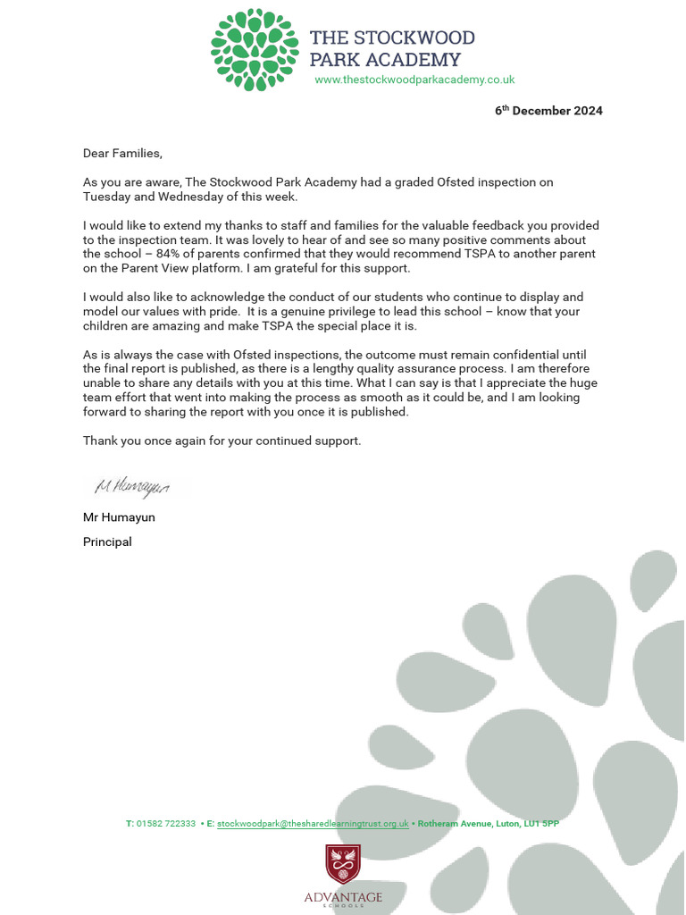Principal Update Letter - Ofsted Inspection - 6th December 2024 | PDF
