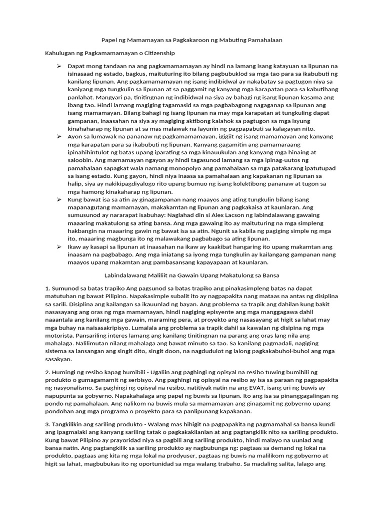 Aralin 4 - Papel Ng Mamamayan Sa Pagkakaroon Ng Mabuting Pamahalaan | PDF